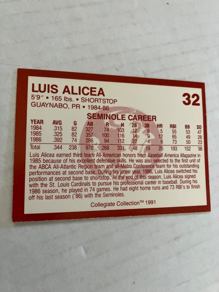 Florida state seminoles born in Puerto Rico Luis Alicea baseball card ...