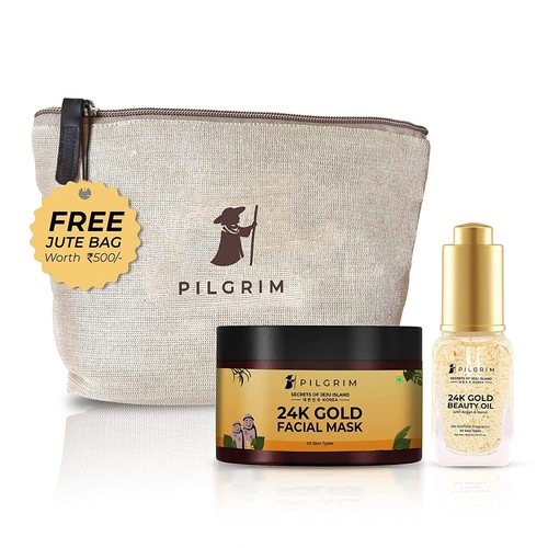 Pilgrim 24K Gold Facial Mask & Beauty Oil | Free Jute Bag - Combo Pack ...
