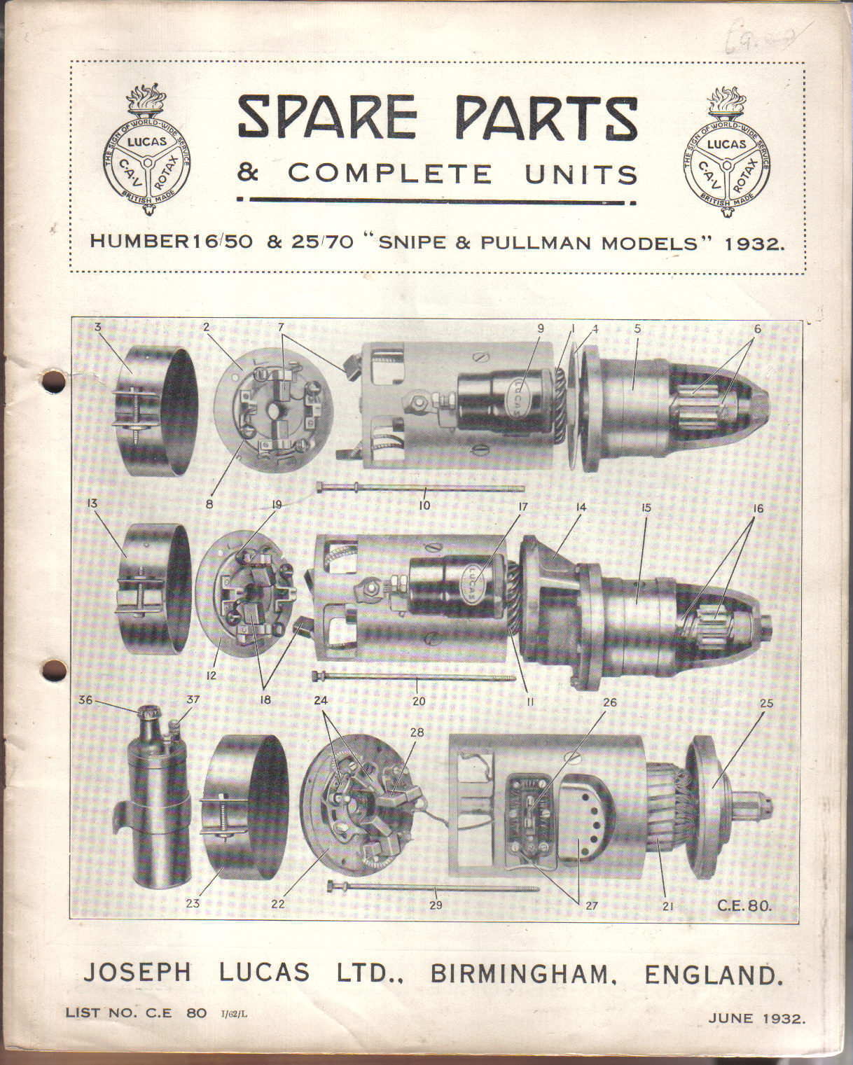 Humber 16/50 & 25/70 Snipe Pullman 1932 Lucas illustrated Spare Parts ...