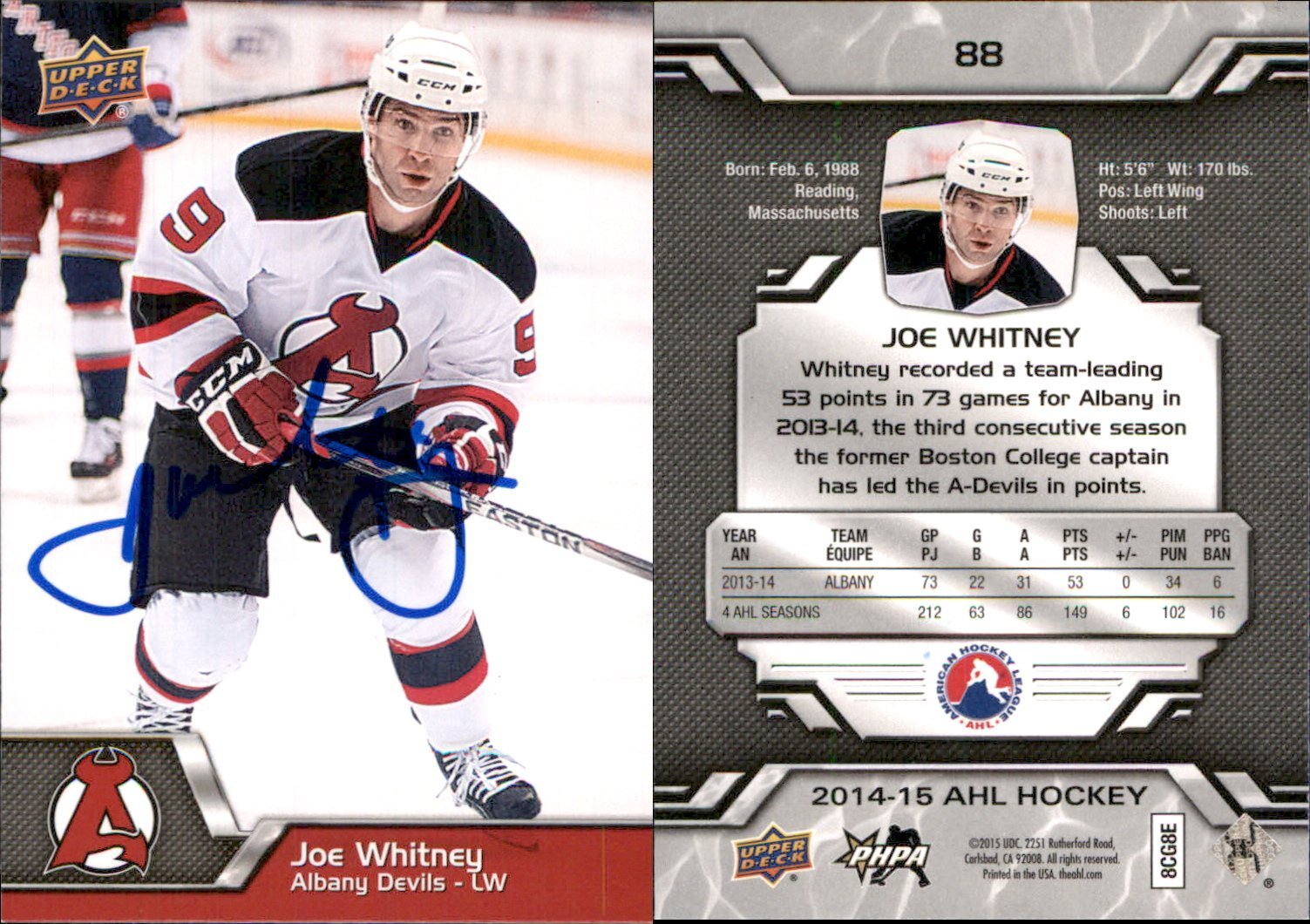 Joe Whitney Signed 2014-15 Upper Deck AHL #88 Card Albany Devils Auto ...