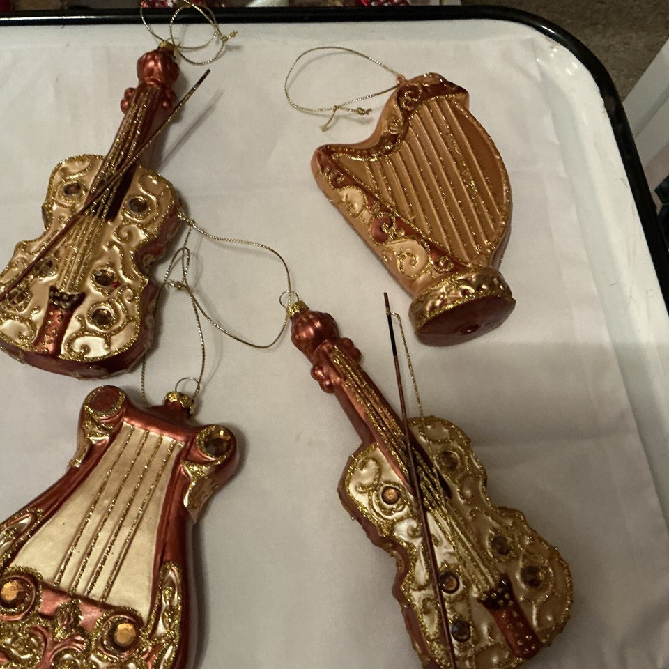 6 Vintage Blown Glass Musical Instruments Pink Gold Harps Christmas ...