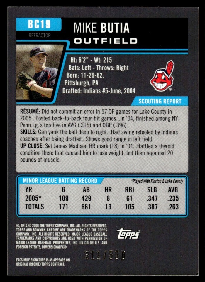 2006 Bowman Chrome Prospects Refractors Mike Butia #BC19 Cleveland ...