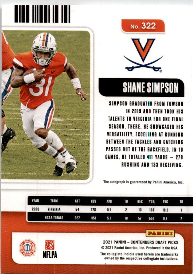 2021 Panini Contenders Draft Picks Football Red Shane Simpson #322 AU ...
