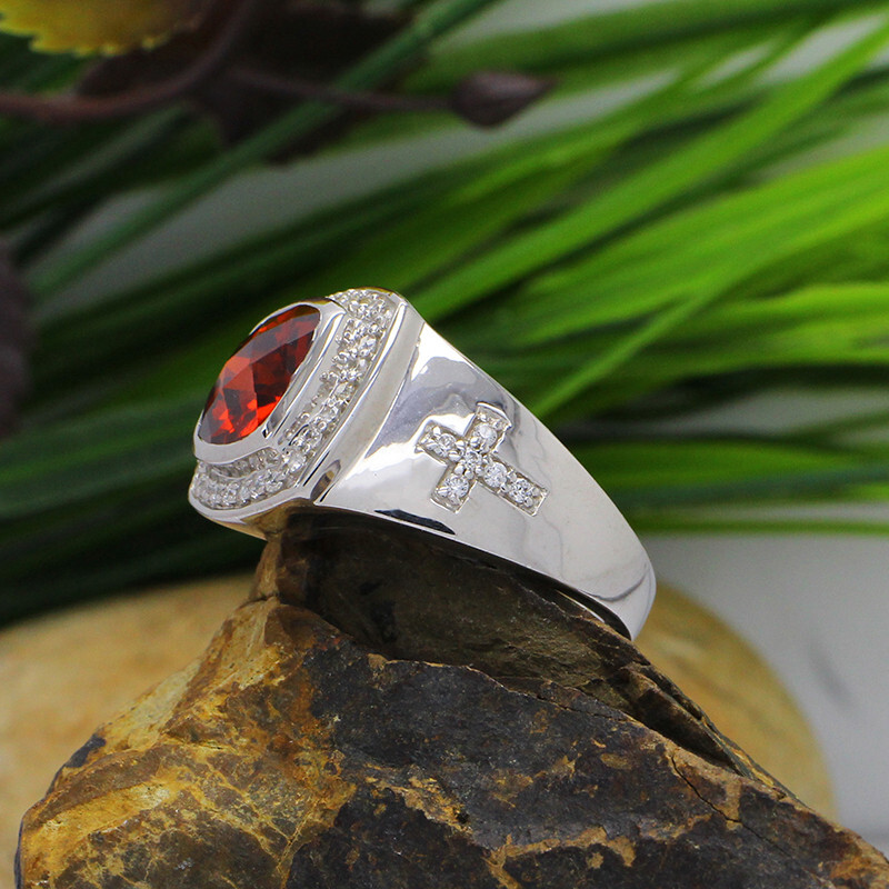 Mens Big Simulated Red Ruby Cross Bishop Ring Jewelry 14K White Gold ...