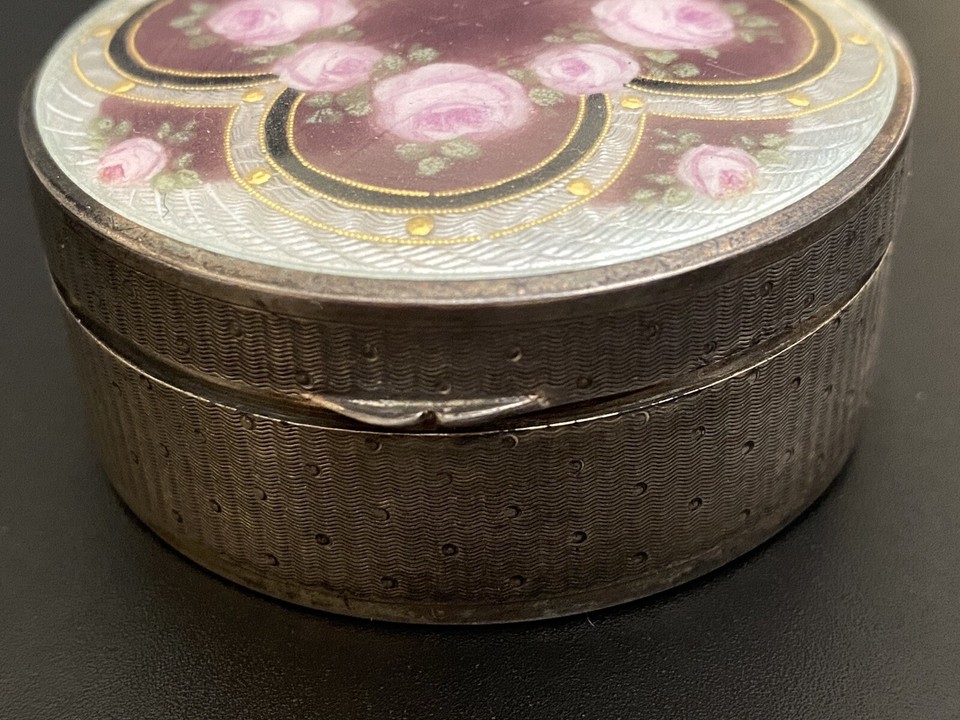 Antique German GUILLOCHE ENAMEL ROSES TRINKET PILL BOX SILVER VERMEIL ...