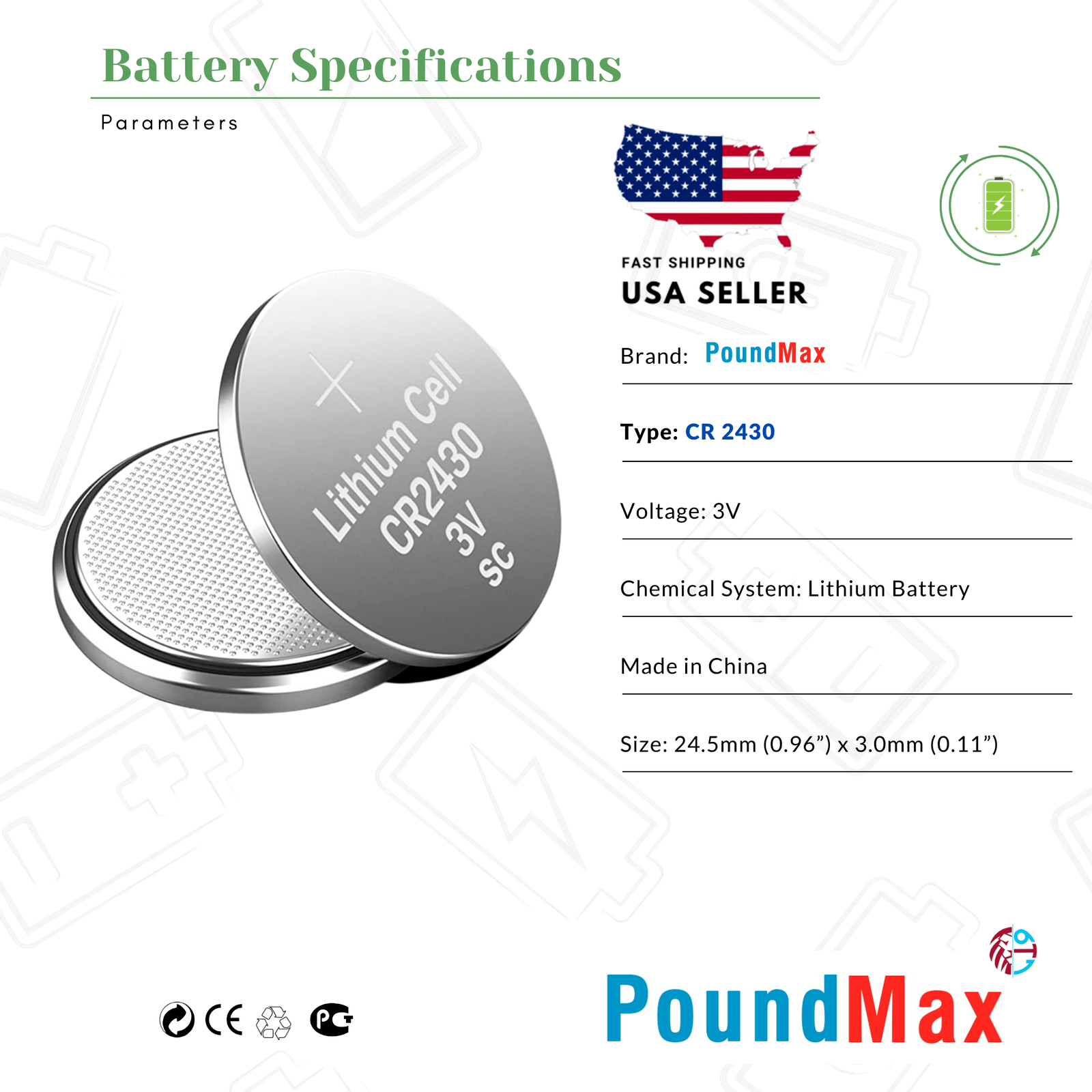 5 x PoundMax 2430 CR2430 DL2430 K2430L ECR2430 3V Lithium Coin Cell ...