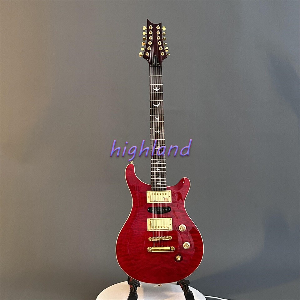 Solid Body Red 12 String Electric Guitar Quilted Maple Top Gold ...