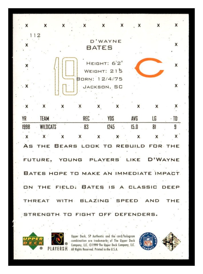 D'Wayne Bates 1999 SP Authentic 112 FW, RC, SN1999 Rookie | eBay