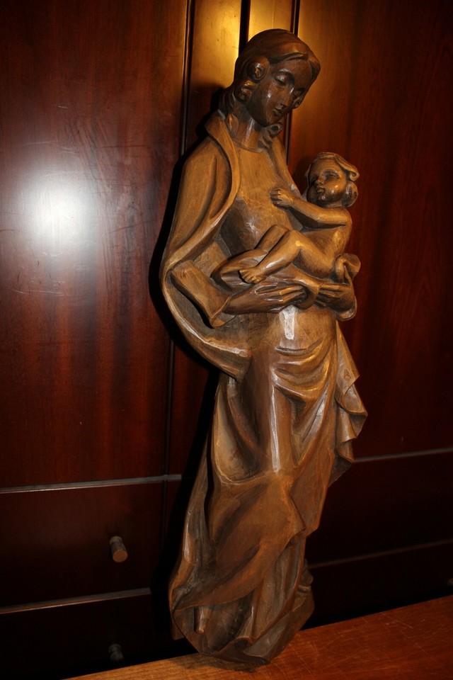 ANTIQUE 22" HAND CARVED WOOD OUR LADY VIRGIN MARY JESUS FIGURE STATUE ...