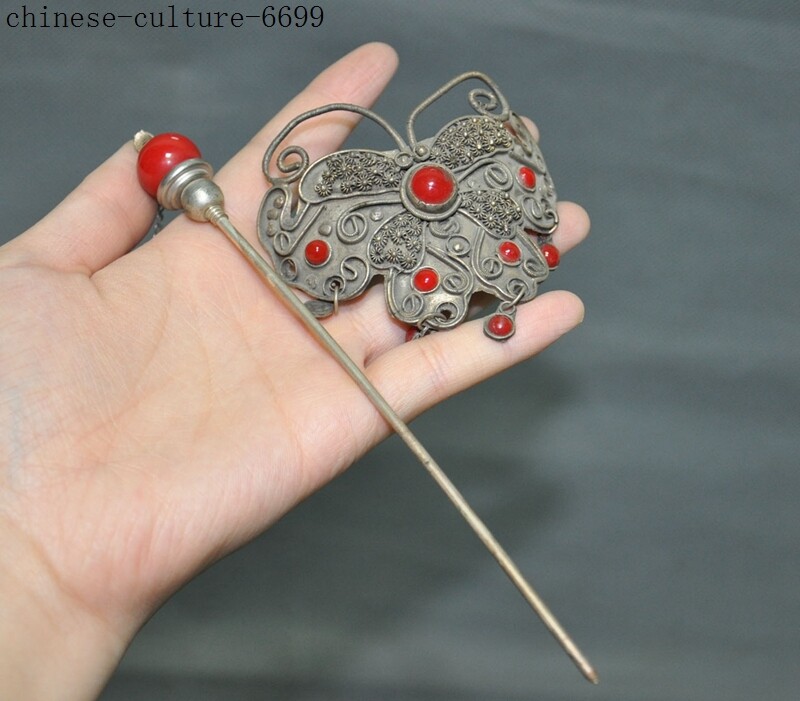 2.8" China Tibetan silver Red Coral beautiful Butterfly hairpin Hairpin ...