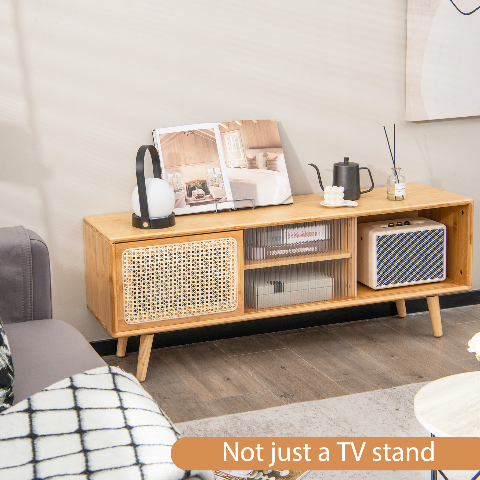 Bamboo TV Stand for TVs up to 55" Media Console Table w/Adjustable ...