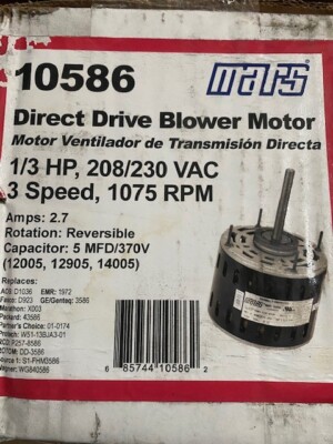 Mars Direct Drive Blower Motor 10586 1/3 HP 208/230 VAC 3 Speed 1075 ...