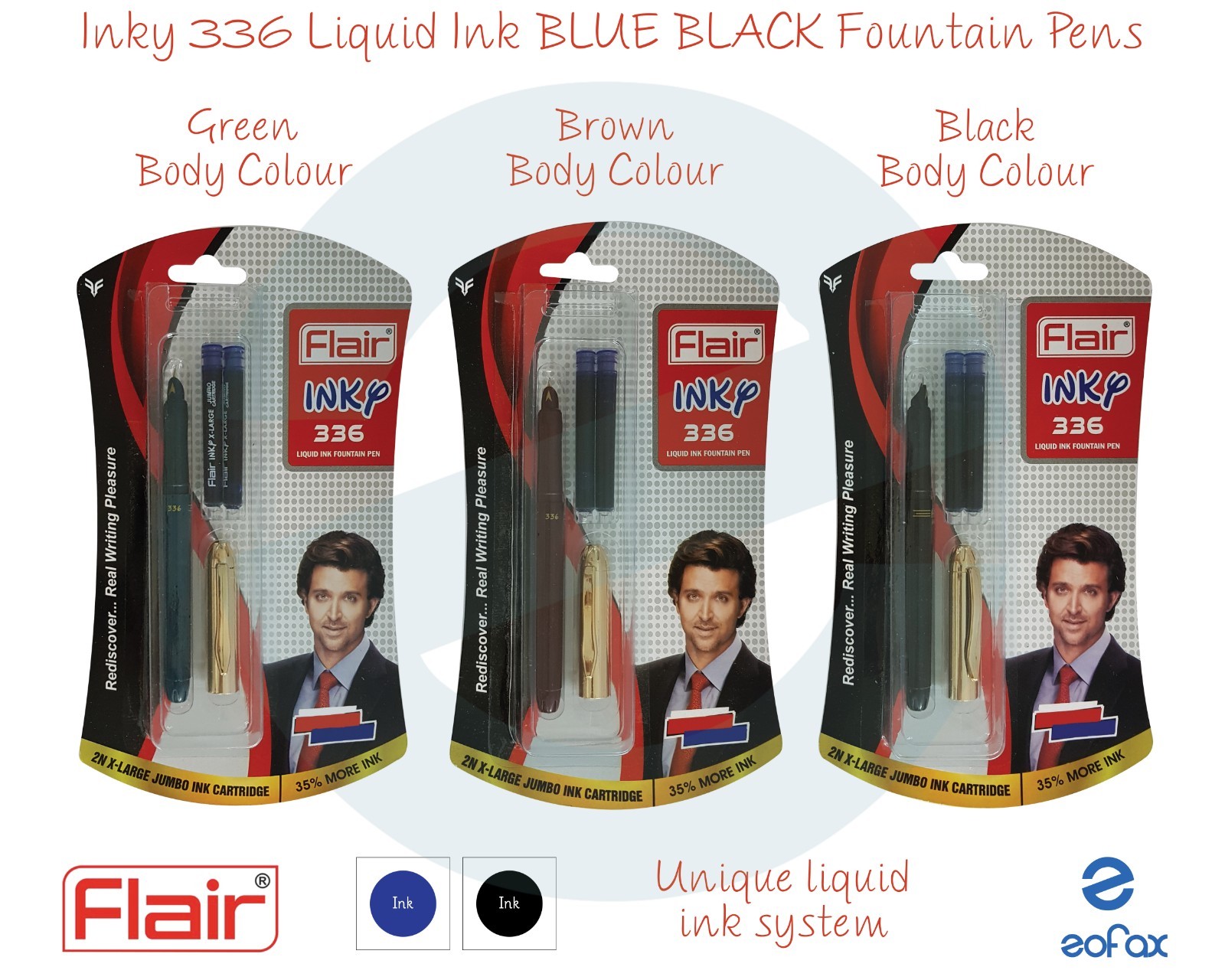 FLAIR Inky 336 BLACK BLUE Fountain Pen Set Steel Nib Iridium Tip ...