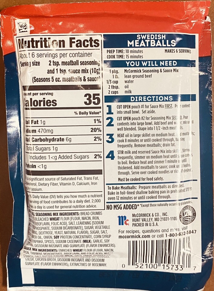 2x McCormick SWEDISH MEATBALLS Seasoning & Sauce Mixes 2.11 oz Packet ...