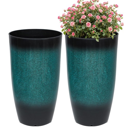 23.6" Set of 2 Tall Outdoor Planters, Gradient Turquoise Plastic Flower ...