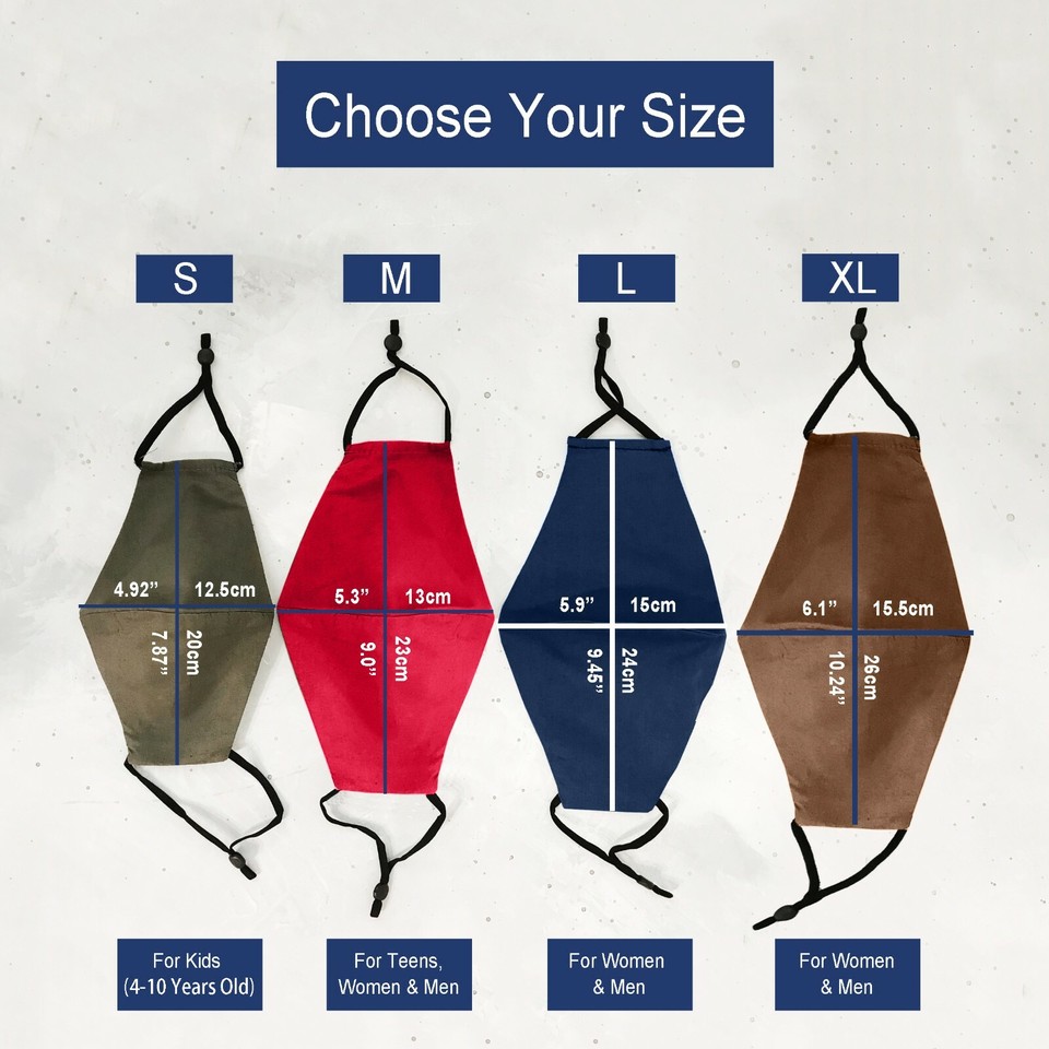 Face Mask Reusable Washable S/M/L/XL Adjustable 3D 100% Cotton Unisex ...