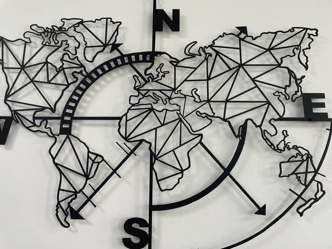 Metal World Map Wall Art Geometric Compass Metal Wall Decor Art Work ...