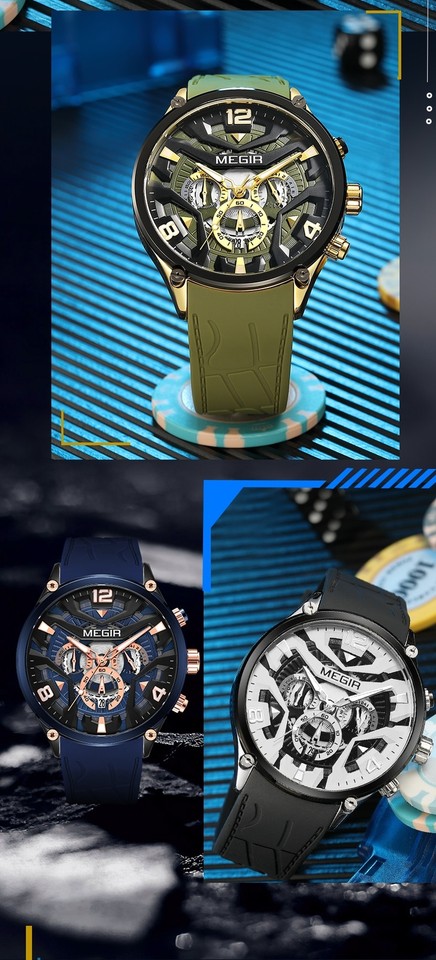 MEGIR Mens Watch Silicone Strap Business Quartz Waterproof Army Sport ...
