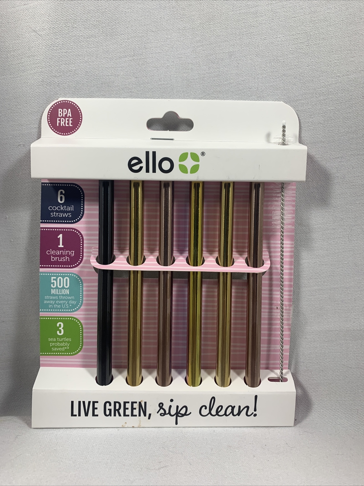 NEW ELLO LIVE GREEN SIP CLEAN 6 COCKTAIL STRAWS 1 BRUSH REUSEABLE ...