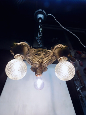 Vintage Cast Aluminum Art Deco 3 Light Hanging Fixture WORKS | eBay