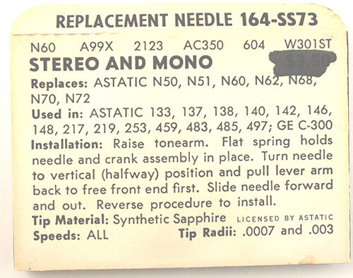 164-SS73 for ASTATIC N56 N58 163-SS73 SAPPHIRE STYLUS RECORD NEEDLE LP ...