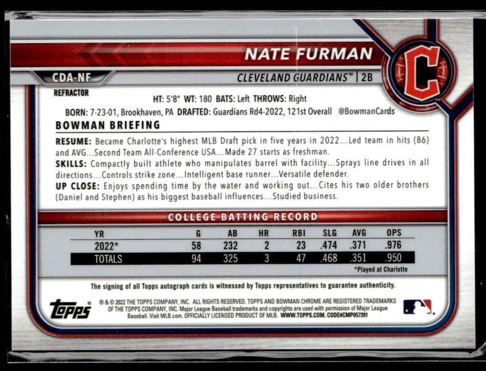2022 Bowman Draft Baseball Refractor Nate Furman Auto /499 Cleveland ...