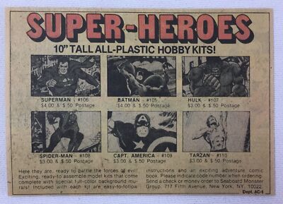 1975 Aurora model kits ad~SUPERMAN,BATMAN,HULK,SPIDER-MAN,CAPTAIN ...