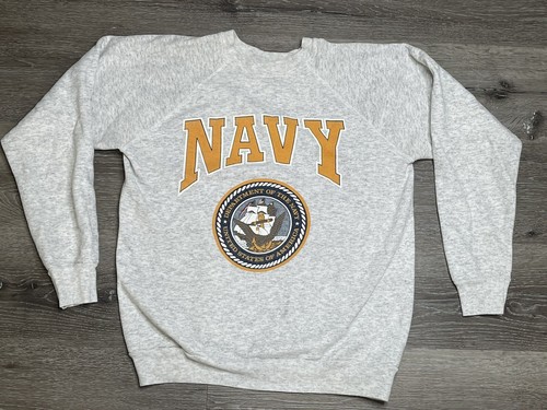 Vtg Navy Sweatshirt US Military 70s Big Crest Logo Heather Grey Med ...