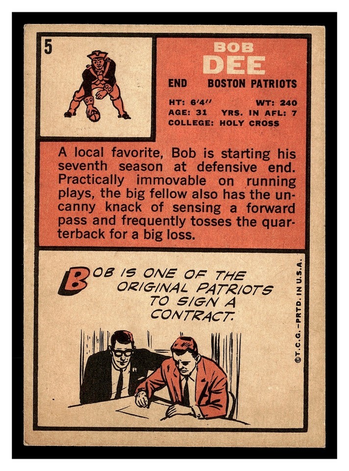 1966 TOPPS FOOTBALL BOB DEE #5 BOSTON PATRIOTS HIGHER GRADE NO CREASES ...