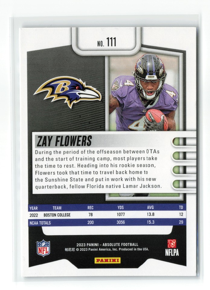 ZAY FLOWERS #111 RC 2023 PANINI ABSOLUTE RAVENS | eBay