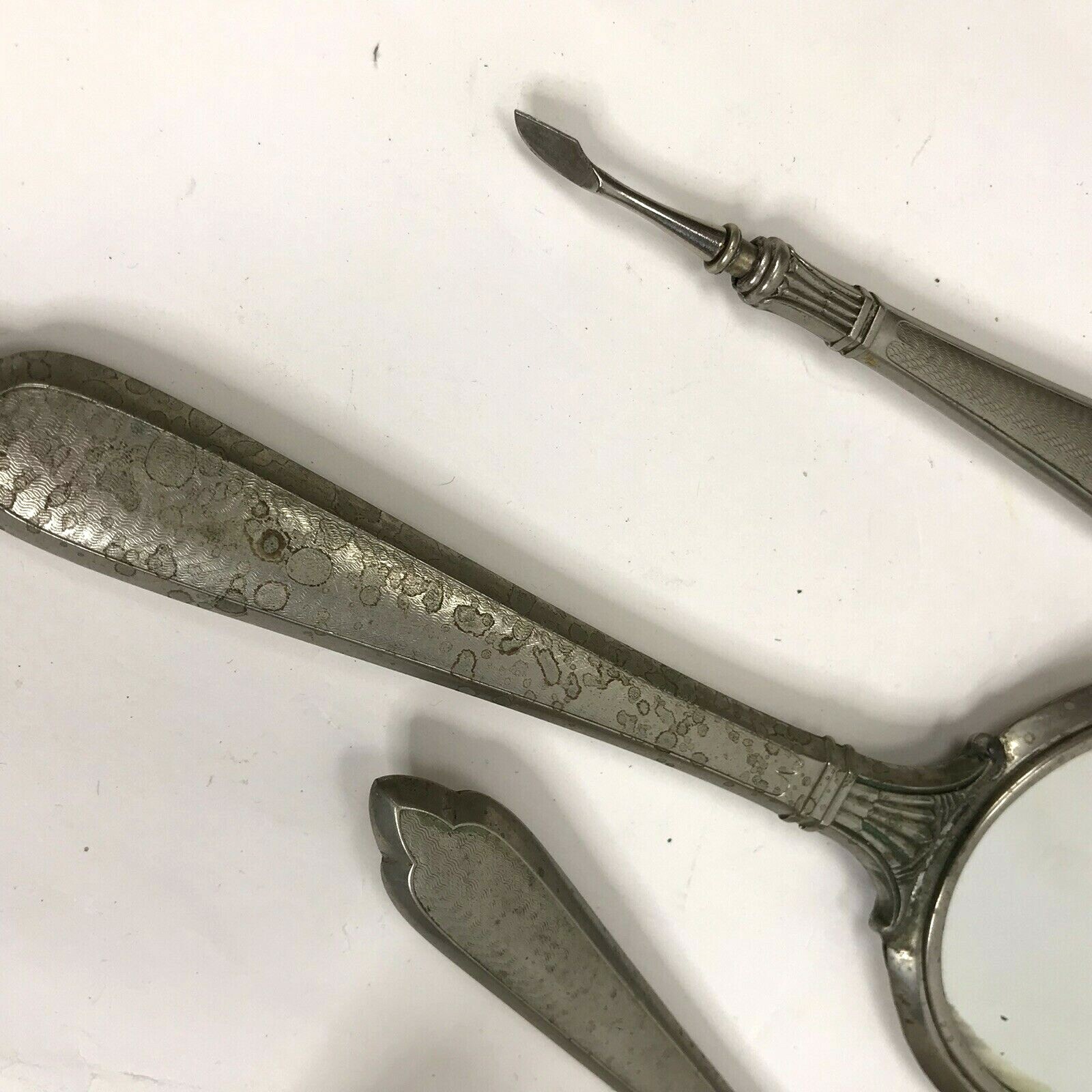 Vintage Vanity Set Metal Brush Mirror Buffer Green Deco nouveau floral ...