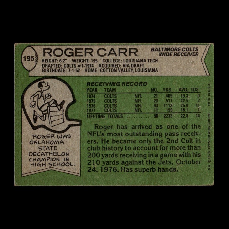 Roger Carr 1978 Topps Baltimore Colts #195 R308G 3 | eBay
