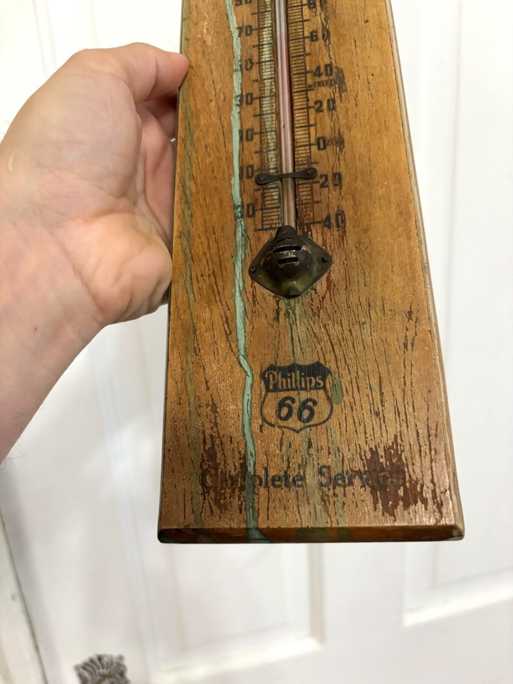 Antique Vtg wooden Phillips 66 thermometer Sign gas oil West Branch ...