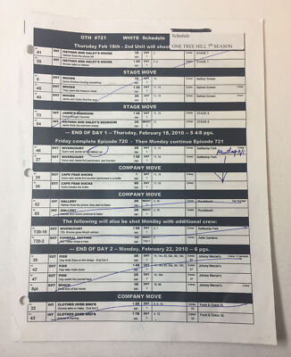 ONE TREE HILL set used SHOOTING SCHEDULE ~ Season 7, Episode 21 | eBay