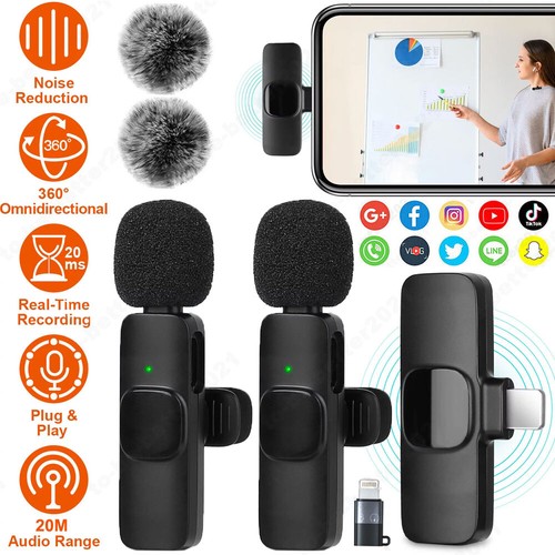 Wireless Lavalier Microphone Audio Video Recording Mini Mic for iPhone ...