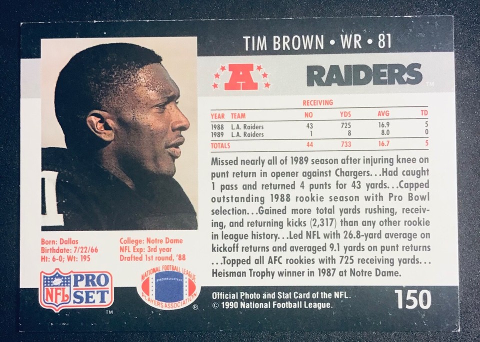 Los Angeles Raiders TIM BROWN autograph signed auto 1990 PRO SET card ...