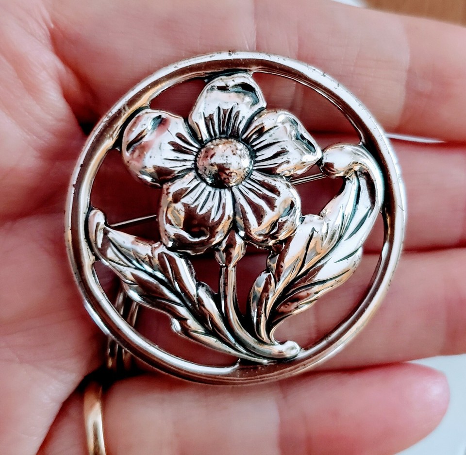 Vintage BEAU Sterling Silver Retro Flower Round Brooch Pin | eBay