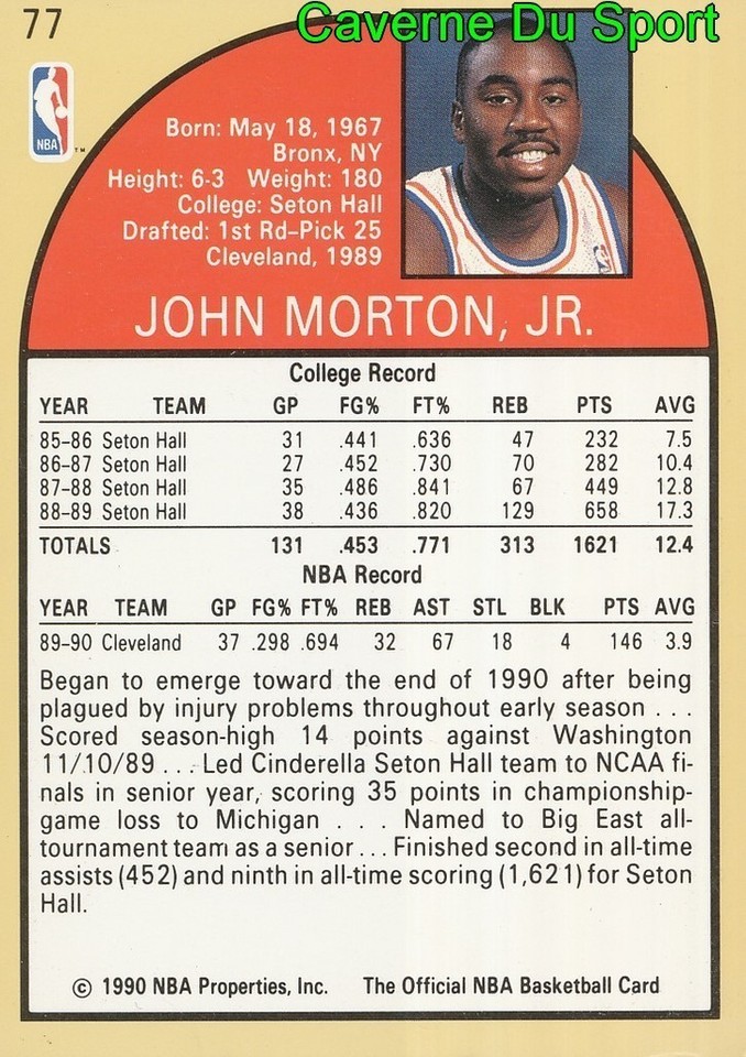 077 JOHN MORTON ROOKIE CAVS CLEVELAND CAVALIERS CARD CARTE NBA HOOPS ...