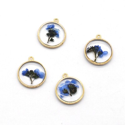 4PCS Gold Tone Real Dry Pressed Flower Resin Round Charm Pendant Supply ...