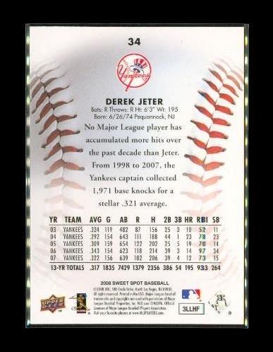 2008 UPPER DECK SWEET SPOT Embossed Baseball Card #34 DEREK JETER ...