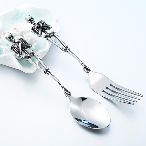 Skull Metal Fork Spoon Set Stainless Steel Halloween Tableware Skeleton ...