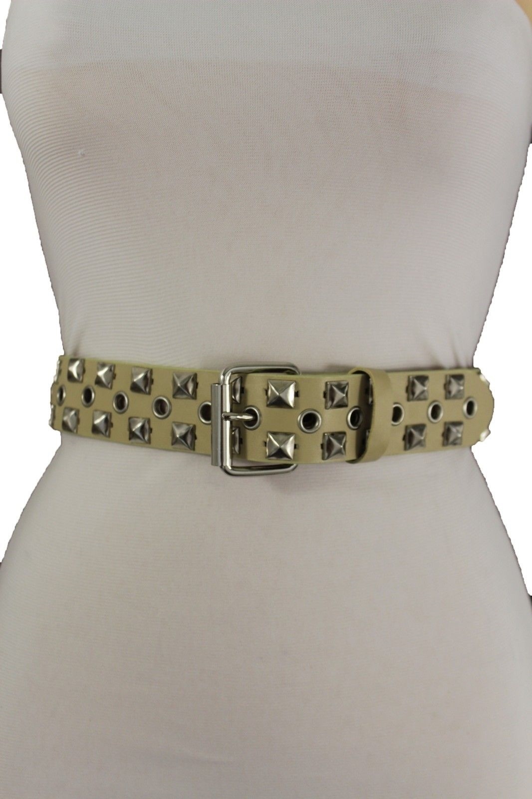 Punk Rock Style Beige Faux Leather Silver Pyramid Studded Belt S M L XL ...