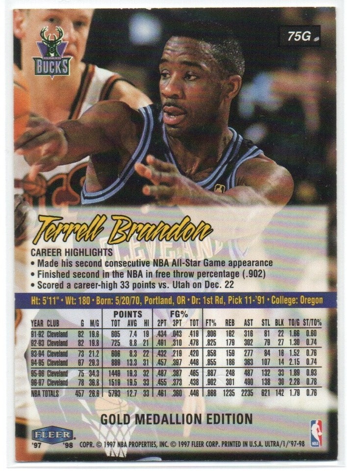 Terrell Brandon 1997-98 Ultra Gold Medallion #75G Cleveland Cavaliers ...
