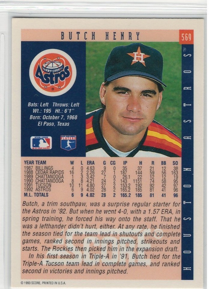 1993 Score Baseball #569 Butch Henry Rookie Card RC Astros | eBay