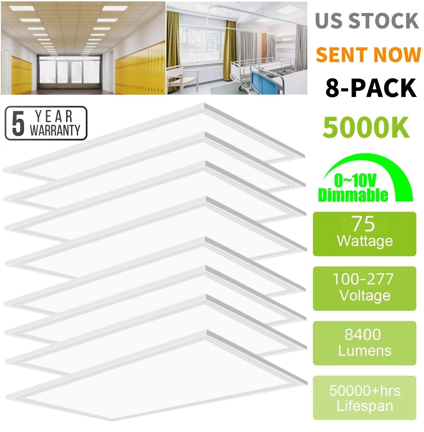 8-Pack 2X4 FT LED Flat Panel Lights,75 Watt Dimmable 0-10V Drop Ceiling ...