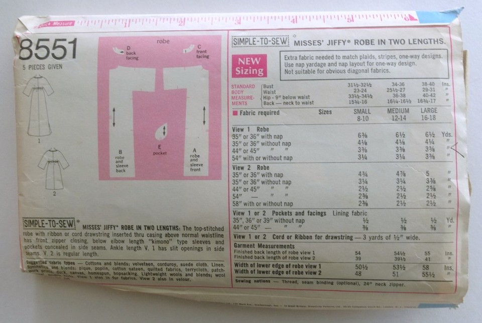 Vintage 1960s Simplicity 8551 Drawstring Robe Pattern Sz 8/10 31.5 32.5 ...