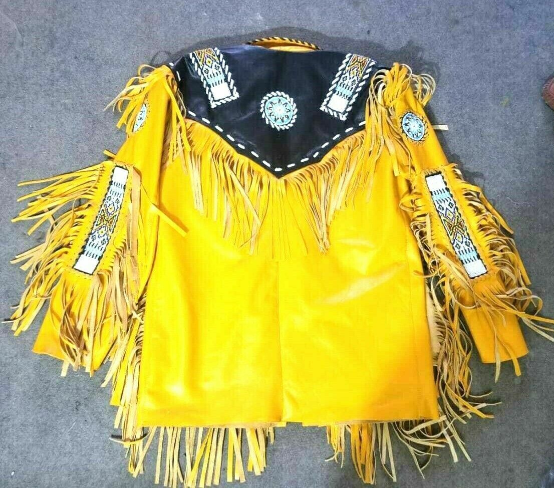 Men's Handmade Native American Red Indian Leather Jacket Fringes beads ...