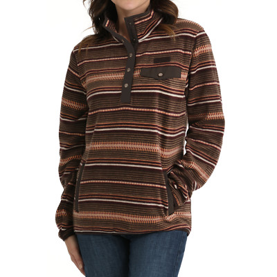 Cinch Ladies Striped Fleece Brown & Coral Pullover Sweater MAK9819009 ...