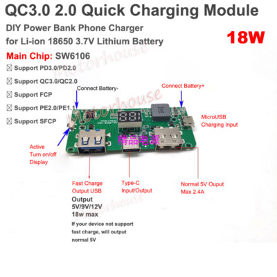 QC3.0 PD Type-C USB Lithium Li-ion 18650 Battery Quick Charging Charger ...