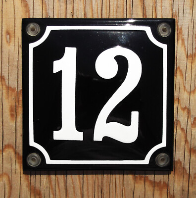 HOUSE NUMBER 12, CLASSIC ENAMEL SIGN. WHITE No.12 ON A BLACK BACKGROUND ...